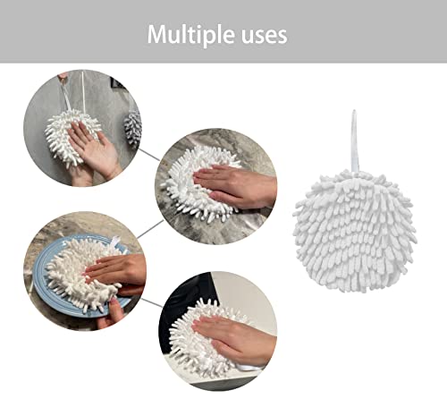 iMaylex 3 Pack Chenille Fuzzy Ball Hand Towels, Quick Dry and High Absorbent Microfiber Hand Towels with Hanging Loops for Kitchen Bathroom, 7" x 7", White & Blue & Grey