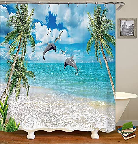 AKvsoze 4PCS Set Tropical Ocean Beach Dolphin Shower Curtain, Teal Sea Blue Sky White Clouds Seagull Green Palm Leaf Seaside Island Scenery Marine Life Bathroom Decor, Non-slip Bath Rugs, Coconut Tree