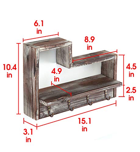 J JACKCUBE DESIGN Wall Mount Entryway Key Holder Rustic Wood Hanging Shelf with 4 Hooks for Keys, Mails, Home Decor Display Wooden Cubby Rack Hanger- MK537A