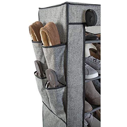 Simplify 7 Tier Double Wide 14 Shelf Shoe Storage Closet Organizer Rack with Cover and Side Pockets, Freestanding, Holds 42 Pairs, Good for Sneakers, Flats, Heels & Boots, Black
