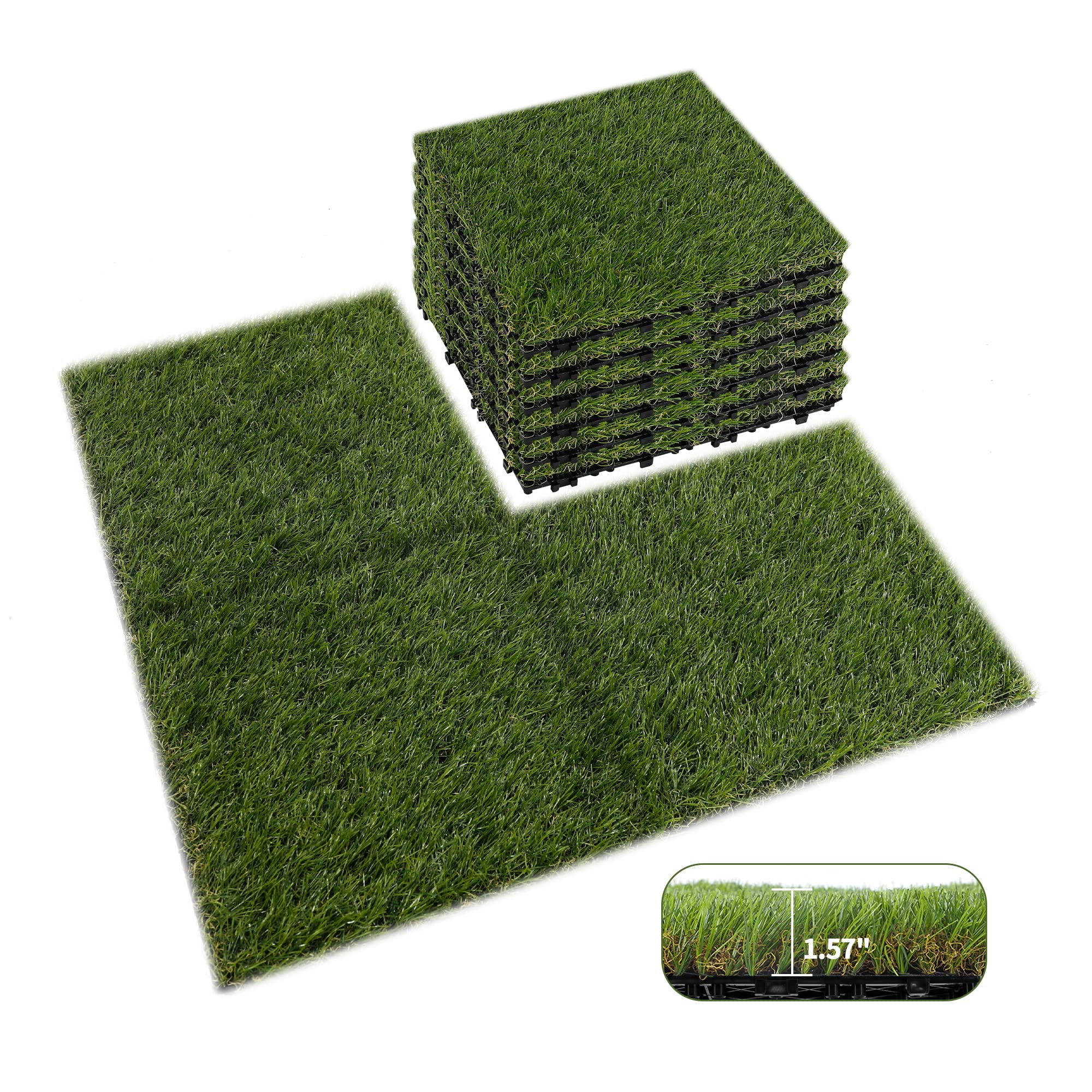 TONAHUTU Artificial Grass Turf Tile, 9 Piece 1'x1' Interlocking Fake Grass Mat Deck Tile Synthetic Grass Turf Green Lawn Carpet for Outdoor Garden Balcony Patio Decor (1.57in Height)