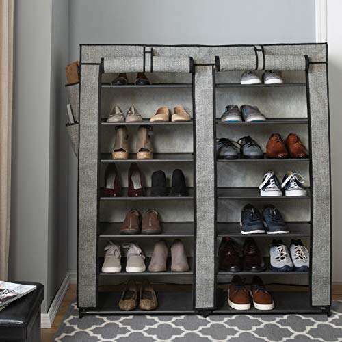 Simplify 7 Tier Double Wide 14 Shelf Shoe Storage Closet Organizer Rack with Cover and Side Pockets, Freestanding, Holds 42 Pairs, Good for Sneakers, Flats, Heels & Boots, Black