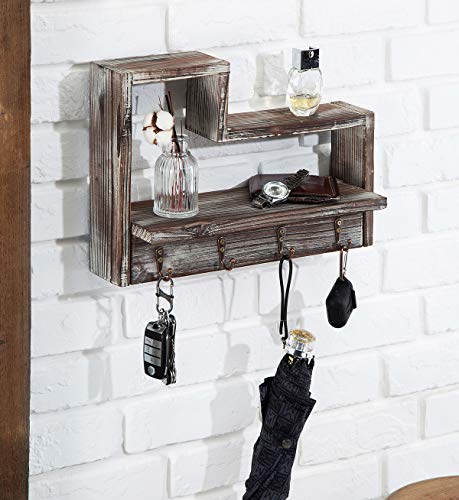 J JACKCUBE DESIGN Wall Mount Entryway Key Holder Rustic Wood Hanging Shelf with 4 Hooks for Keys, Mails, Home Decor Display Wooden Cubby Rack Hanger- MK537A