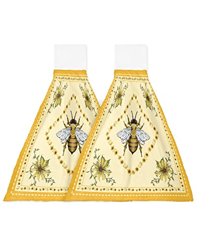 DecorLovee Summer Bee Hanging Kitchen Towels 2 Pack, Hand Towels with Hanging Loop for Bathroom, Yellow Lace Farmhouse Sunflower Rustic Kitchen Hand Towels Absorbent Dish Cloths Tie Dry Towel 18"x14"