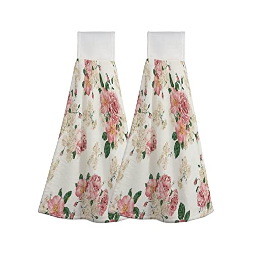 longlugoo Vintage Pink Rose Flowers Hanging Kitchen Dish Towel 2 Pack Hand Towels Soft Coral Velvet Decorative Hand Towels with Loop for Bathroom Tie Towel Absorbent Dish Towels
