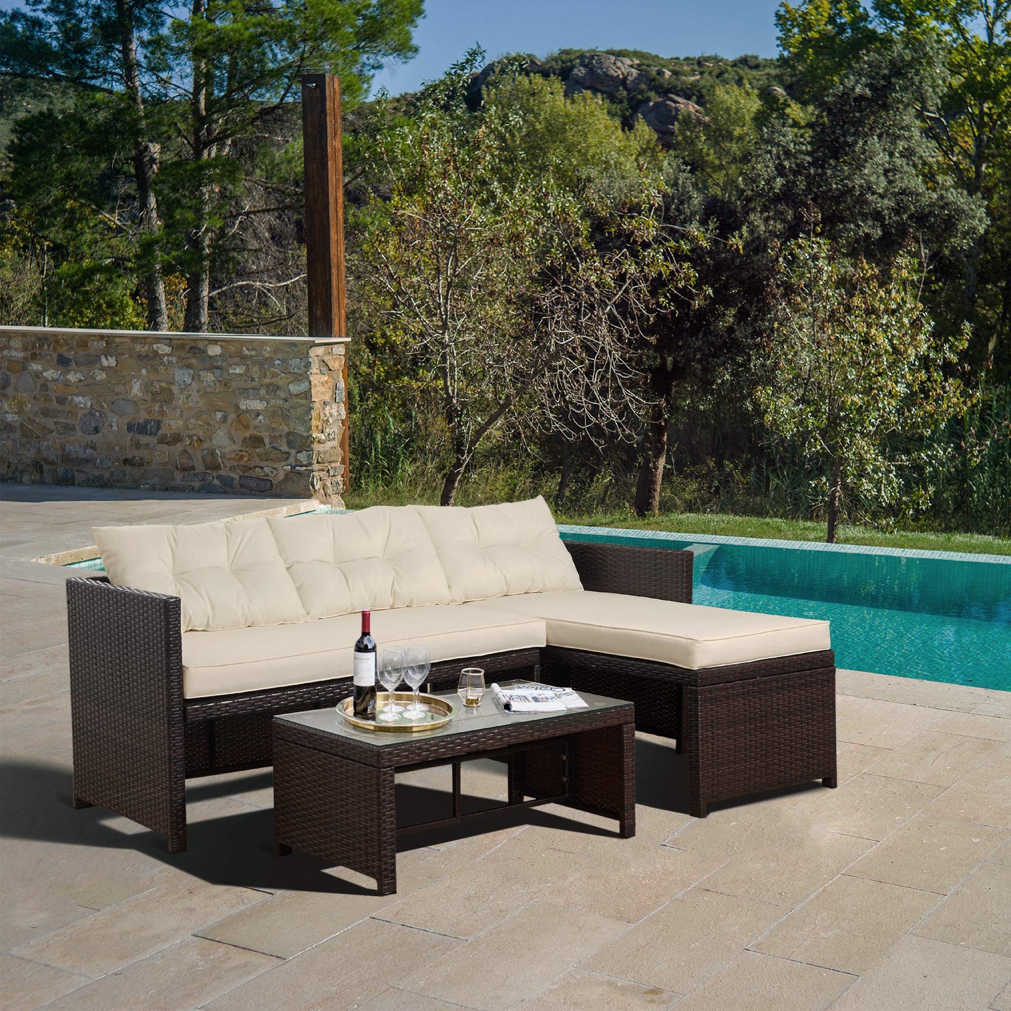 Teamson Home Patio Outdoor 3 Piece PE Wicker Sectional Conversation Sofa Set with Washable Cushions, Tempered Glass Tabletop for Small Space for Patio Garden Backyard, Brown and White