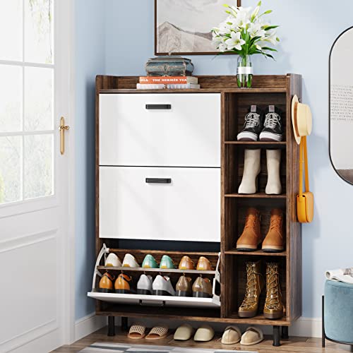 Tribesigns Shoe Cabinet, Flip Drawers Shoe Storage Cabinet for Entryway with 3 Flip Drawers and 5 Shelves, White Golden Freestanding Shoes Cabinet for Closet, Living Room, Bedroom (Brown/White)