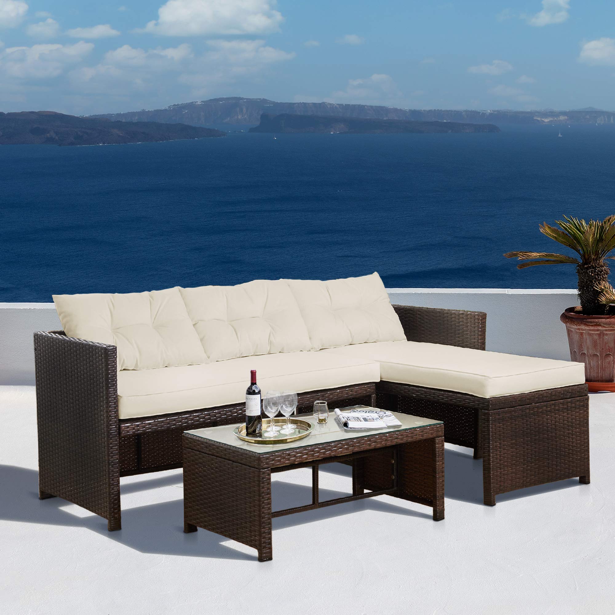 Teamson Home Patio Outdoor 3 Piece PE Wicker Sectional Conversation Sofa Set with Washable Cushions, Tempered Glass Tabletop for Small Space for Patio Garden Backyard, Brown and White