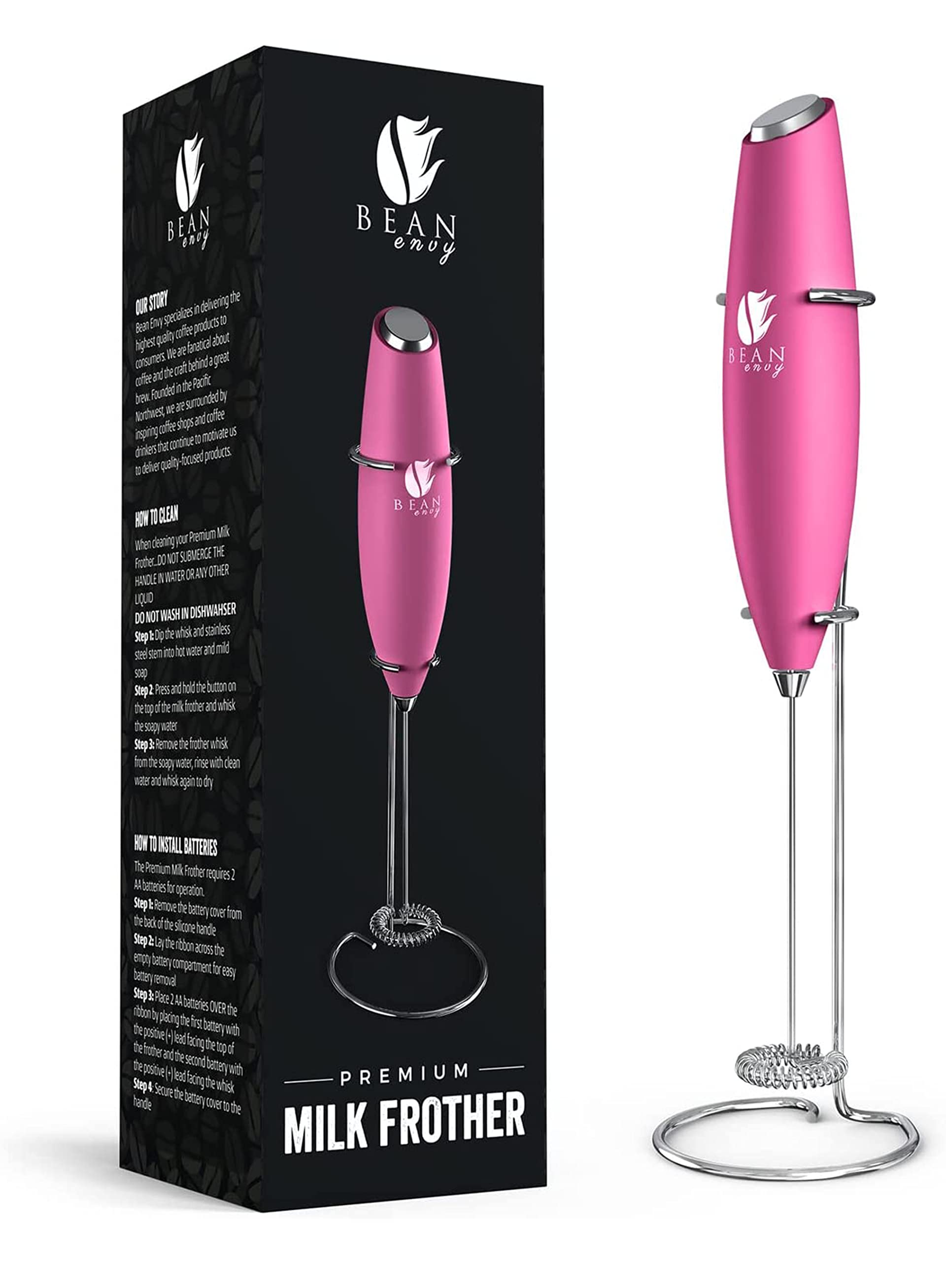 Bean Envy Milk Frother Handheld for Coffee - Electric Hand Blender, Mini Drink Mixer Whisk & Coffee Foamer Wand with Stand for Lattes, Cappuccino, Matcha and Hot Chocolate - Kitchen Gifts - Raspberry