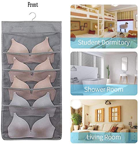 Storage hanging bag, Dual-Sided Hanging Bra Storage Organizer with Metal Hanger, Dual-Sided Hanging Storage Organiser for Underwear, Panties,Stocking,Bra and Sock (5+10 Pockets, Gray)