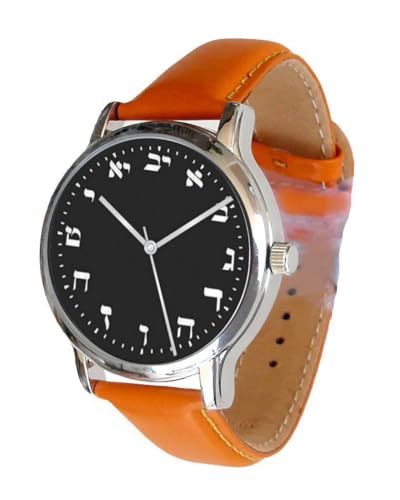 Hebrew Numbers Watch Has Large Size Polished Chrome Case with Black Dial and Orange Stitched Leather Strap