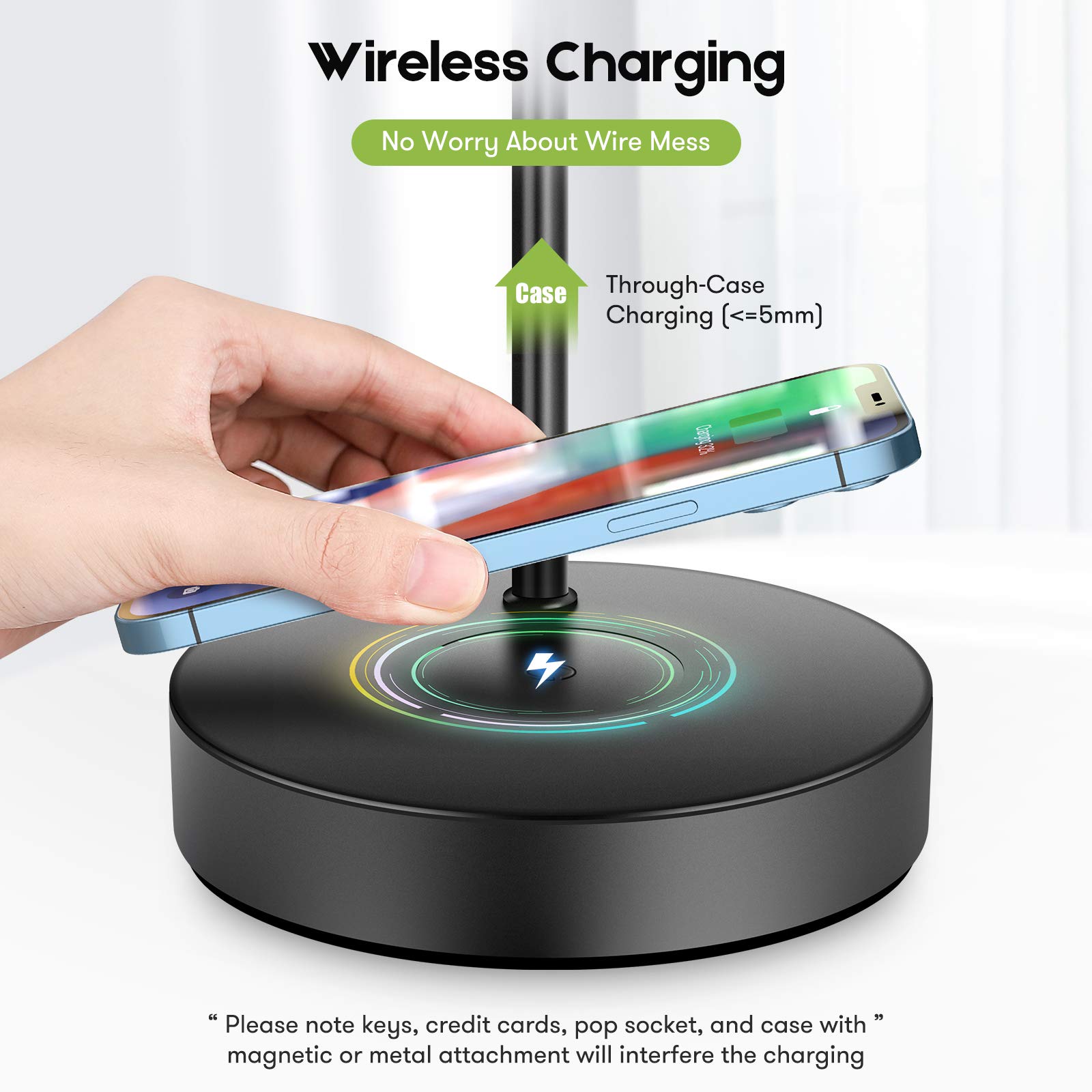 Set of 2 Wireless Charging Industrial Table Lamp 3-Way Touch Control Dimmable Desk Lamp with USB Port Bedside Lamp with Hanging Seeded Glass Shade for Office Bedroom Living Room, Bulb Included