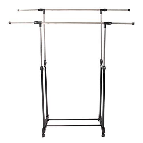 Ymlpre Standard Clothing Garment Rack Double Rail Rolling Clothes Rack with 4 Wheels and Bottom Shelves Hanging Clothes Organizer Stand Rack, Height Adjustable, Dual Black-Silver