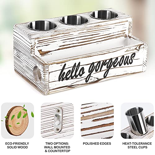 Rustic White Hair Dryer Holder Countertop Hair Accessories Organizer, Hair Tool Organizer Storage Flat Iron Curling Holder, Bathroom Blow Dryer Holder Vanity Caddy Storage Stand for Makeup Toiletries