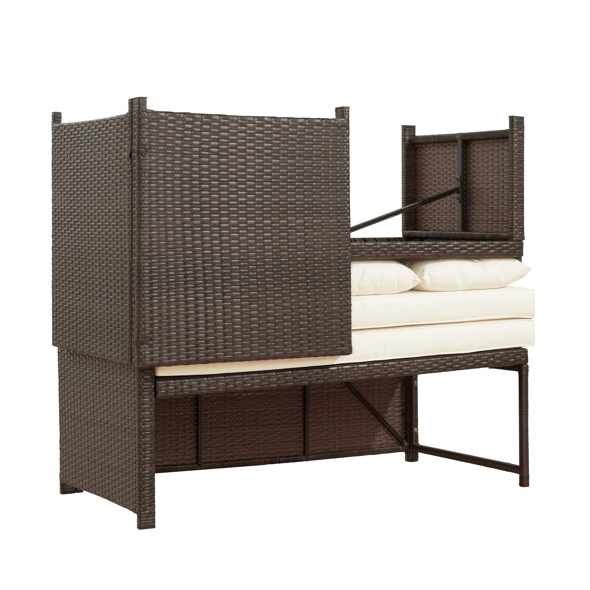 Teamson Home Patio Outdoor 3 Piece PE Wicker Sectional Conversation Sofa Set with Washable Cushions, Tempered Glass Tabletop for Small Space for Patio Garden Backyard, Brown and White