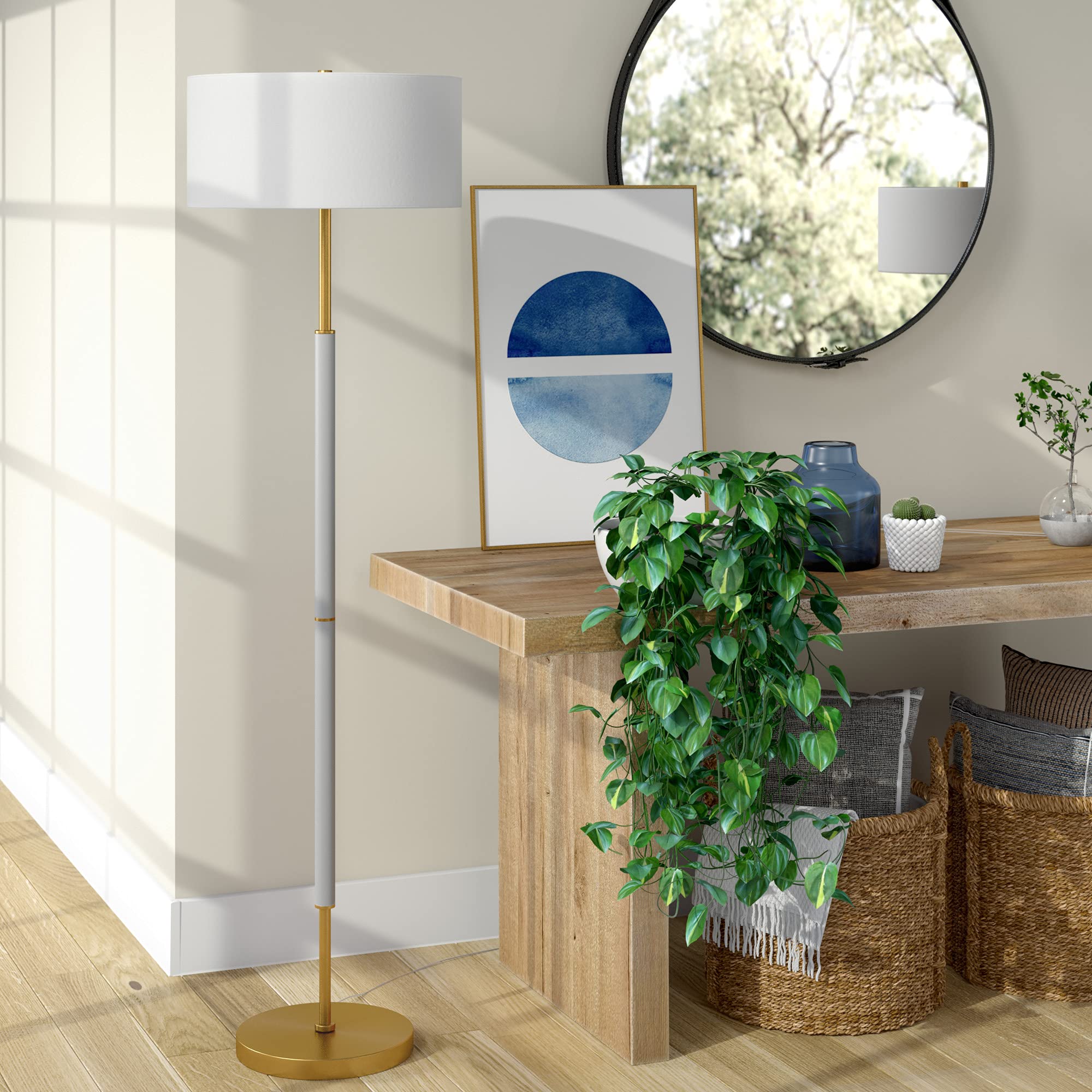 Henn&Hart 2-Light Floor Lamp with Fabric Shade in Cool Gray/Brass/White, Floor Lamp for Home Office, Bedroom, Living Room