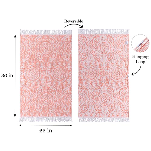 Fe&Ze Turkish Hand Towels with Hanging Loop, 22 x 36 in, 100% Cotton Kitchen Towels Decorative Set of 2, Coral Orange Towels for Bathroom