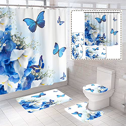 BIUSTAR 4 Piece Blue Butterfly Shower Curtains Sets with Non-Slip Rugs, Toilet Lid Cover and Bath Mat, Bathroom Sets with Shower Curtain and Rugs and Accessories