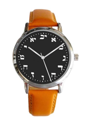 Hebrew Numbers Watch Has Large Size Polished Chrome Case with Black Dial and Orange Stitched Leather Strap