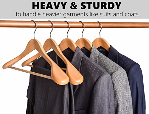 Amber Home 6 Pack Wide Shoulder Wooden Suit Coat Hangers with Non Slip Pants Bar, Solid Wood Jacket Clothes Hangers Smooth Finish for Sweater, Pants, Heavy Clothes (Natural, 6 Pack)
