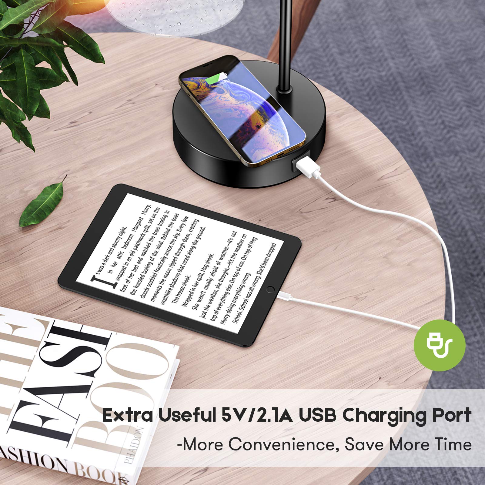Set of 2 Wireless Charging Industrial Table Lamp 3-Way Touch Control Dimmable Desk Lamp with USB Port Bedside Lamp with Hanging Seeded Glass Shade for Office Bedroom Living Room, Bulb Included