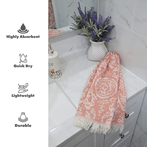 Fe&Ze Turkish Hand Towels with Hanging Loop, 22 x 36 in, 100% Cotton Kitchen Towels Decorative Set of 2, Coral Orange Towels for Bathroom