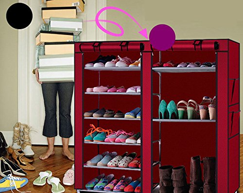 6 Tier Shoe Rack with Dustproof Cover, 27 Pairs Portable Vertical Double Row Shoe Rack Storage Organizer with Nonwoven Fabric Cover Cabinet for Closet & Entryway, Wine Red