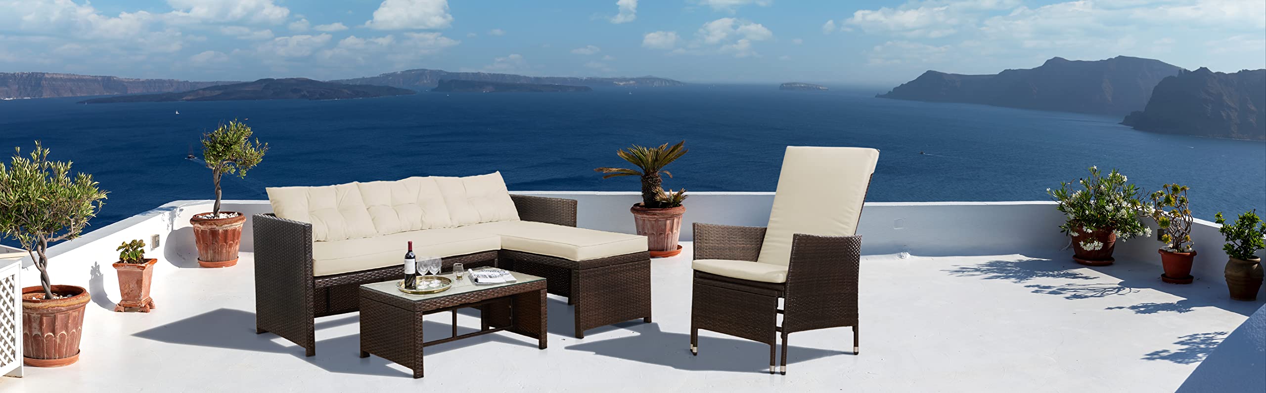 Teamson Home Patio Outdoor 3 Piece PE Wicker Sectional Conversation Sofa Set with Washable Cushions, Tempered Glass Tabletop for Small Space for Patio Garden Backyard, Brown and White