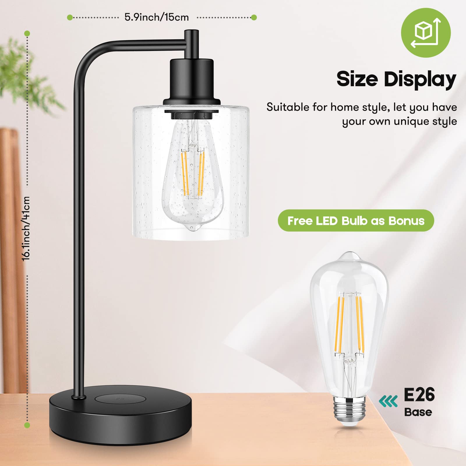 Set of 2 Wireless Charging Industrial Table Lamp 3-Way Touch Control Dimmable Desk Lamp with USB Port Bedside Lamp with Hanging Seeded Glass Shade for Office Bedroom Living Room, Bulb Included
