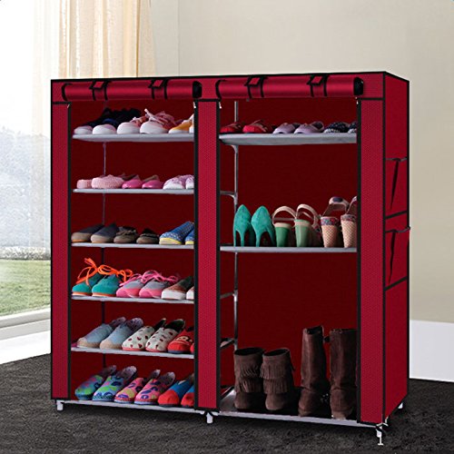 6 Tier Shoe Rack with Dustproof Cover, 27 Pairs Portable Vertical Double Row Shoe Rack Storage Organizer with Nonwoven Fabric Cover Cabinet for Closet & Entryway, Wine Red