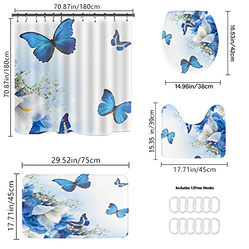 BIUSTAR 4 Piece Blue Butterfly Shower Curtains Sets with Non-Slip Rugs, Toilet Lid Cover and Bath Mat, Bathroom Sets with Shower Curtain and Rugs and Accessories