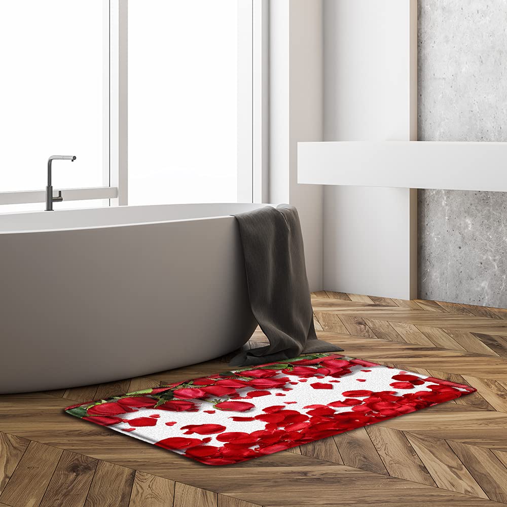 Microfiber Memory Foam,Valentines Day Red Rose Flower Bathroom Mat Floral Petals Print,Non Slip Shower Mat Cozy Floor Rug Doormats Carpets Bathroom Decorations - 16x 24 Inch/40x 60cm