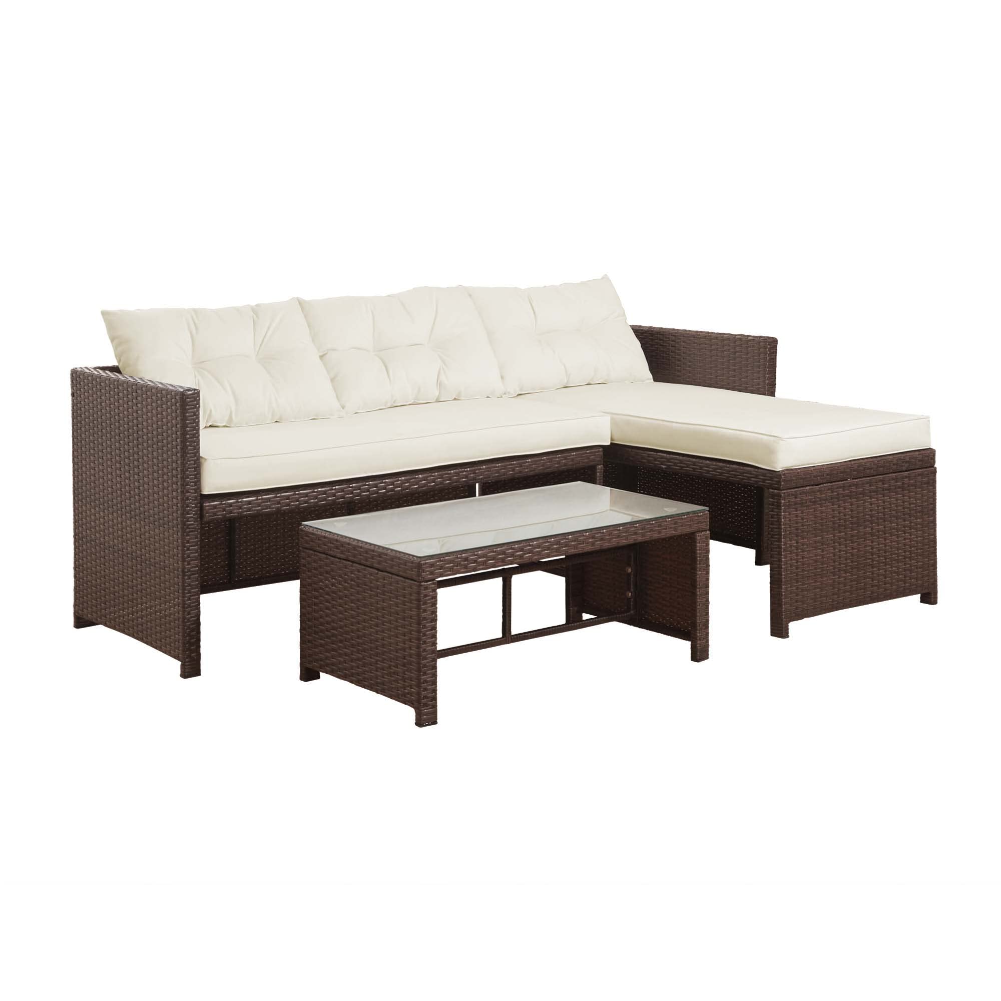 Teamson Home Patio Outdoor 3 Piece PE Wicker Sectional Conversation Sofa Set with Washable Cushions, Tempered Glass Tabletop for Small Space for Patio Garden Backyard, Brown and White