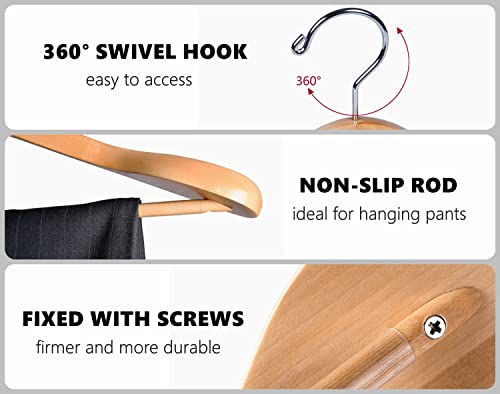 Amber Home 6 Pack Wide Shoulder Wooden Suit Coat Hangers with Non Slip Pants Bar, Solid Wood Jacket Clothes Hangers Smooth Finish for Sweater, Pants, Heavy Clothes (Natural, 6 Pack)