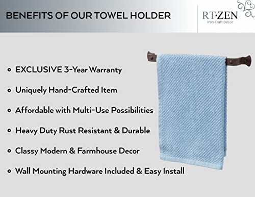 RTZEN Small Black Hand Towel Holder for Bathroom - Handcrafted Farmhouse Wrought Iron Kitchen Towel Rack - Matte Hand Towel Bar Hanger for Home or Office - 12" Wall Mounted Rack Fits 10" Towels