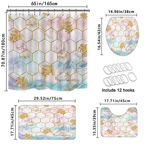dowhufund 4pcs Marble Bathroom Shower Curtain Sets with Rugs Accessories ,Bathroom Curtains Shower Set Bathroom Decor with 12 Hooks ,Toilet Lid Cover Sets with Non-Slip Rug Bath Mat