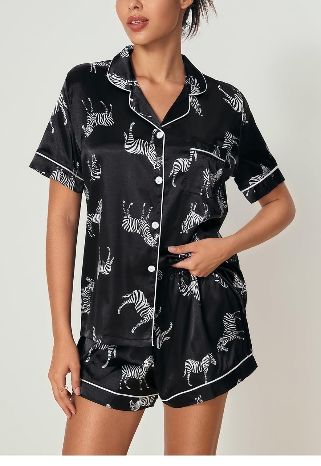 WDIRARA Women's Sleepwear Zebra Print Shirt and Shorts Cute Pajama Set Animal Black S