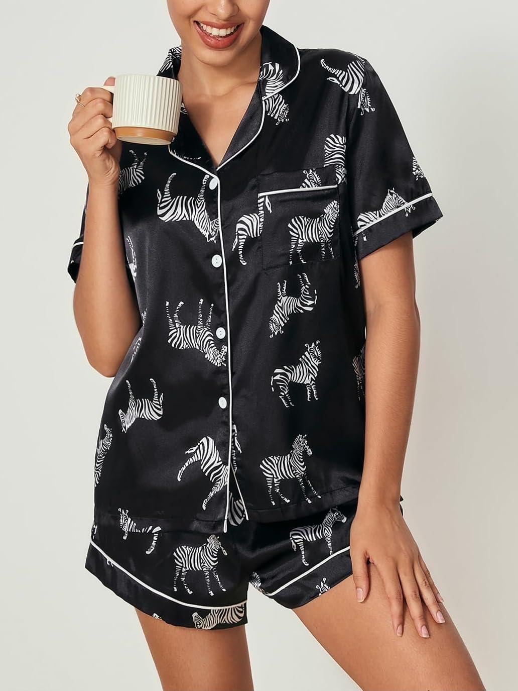 WDIRARA Women's Sleepwear Zebra Print Shirt and Shorts Cute Pajama Set Animal Black S