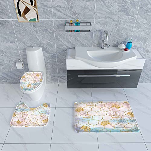 dowhufund 4pcs Marble Bathroom Shower Curtain Sets with Rugs Accessories ,Bathroom Curtains Shower Set Bathroom Decor with 12 Hooks ,Toilet Lid Cover Sets with Non-Slip Rug Bath Mat