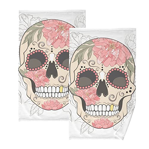 ALAZA Floral Sugar Skull Day of Dead Hand Towels for Bathroom 1OO% Cotton 2 pcs Face Towel 16 x 28 inch, Absorbent Soft & Skin-Friendly
