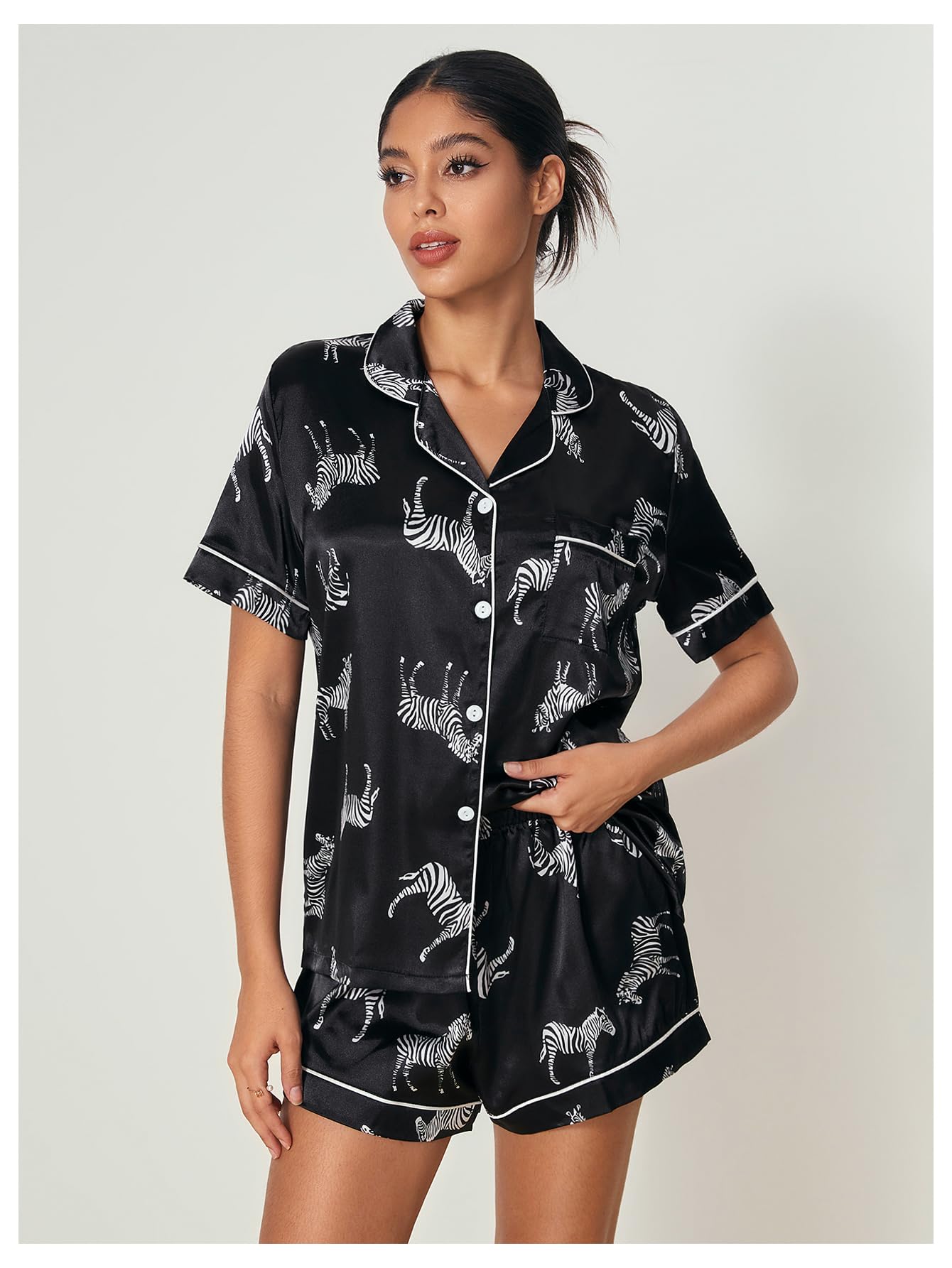 WDIRARA Women's Sleepwear Zebra Print Shirt and Shorts Cute Pajama Set Animal Black S