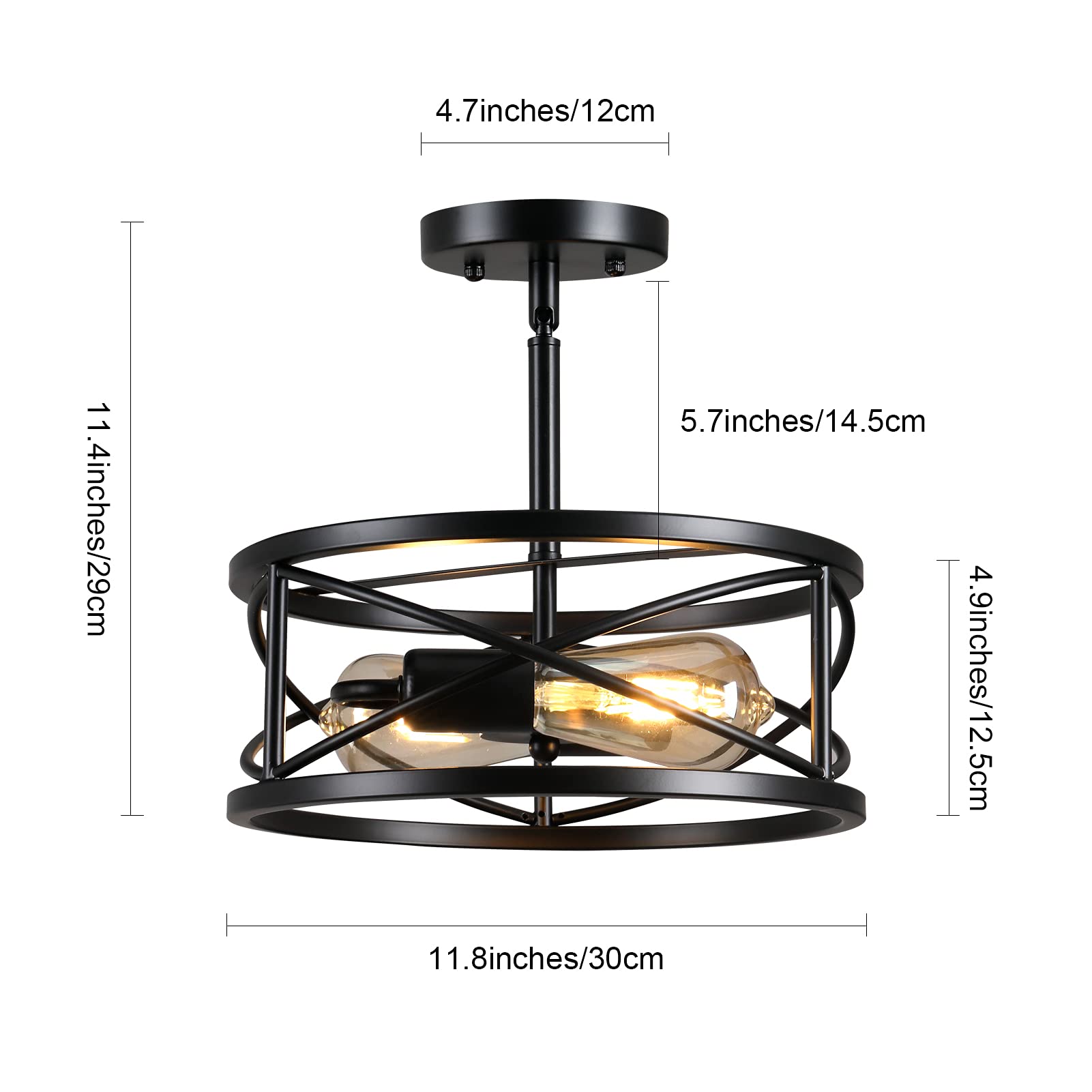 Karjearl Farmhouse Semi Flush Mount Ceiling Light, D11.8 Inches Black Industrial Sloped Ceiling Light Fixtures Vintage Metal Cage Ceiling Lamp for Kitchen Hallway Entryway Laundry Room Bedroom