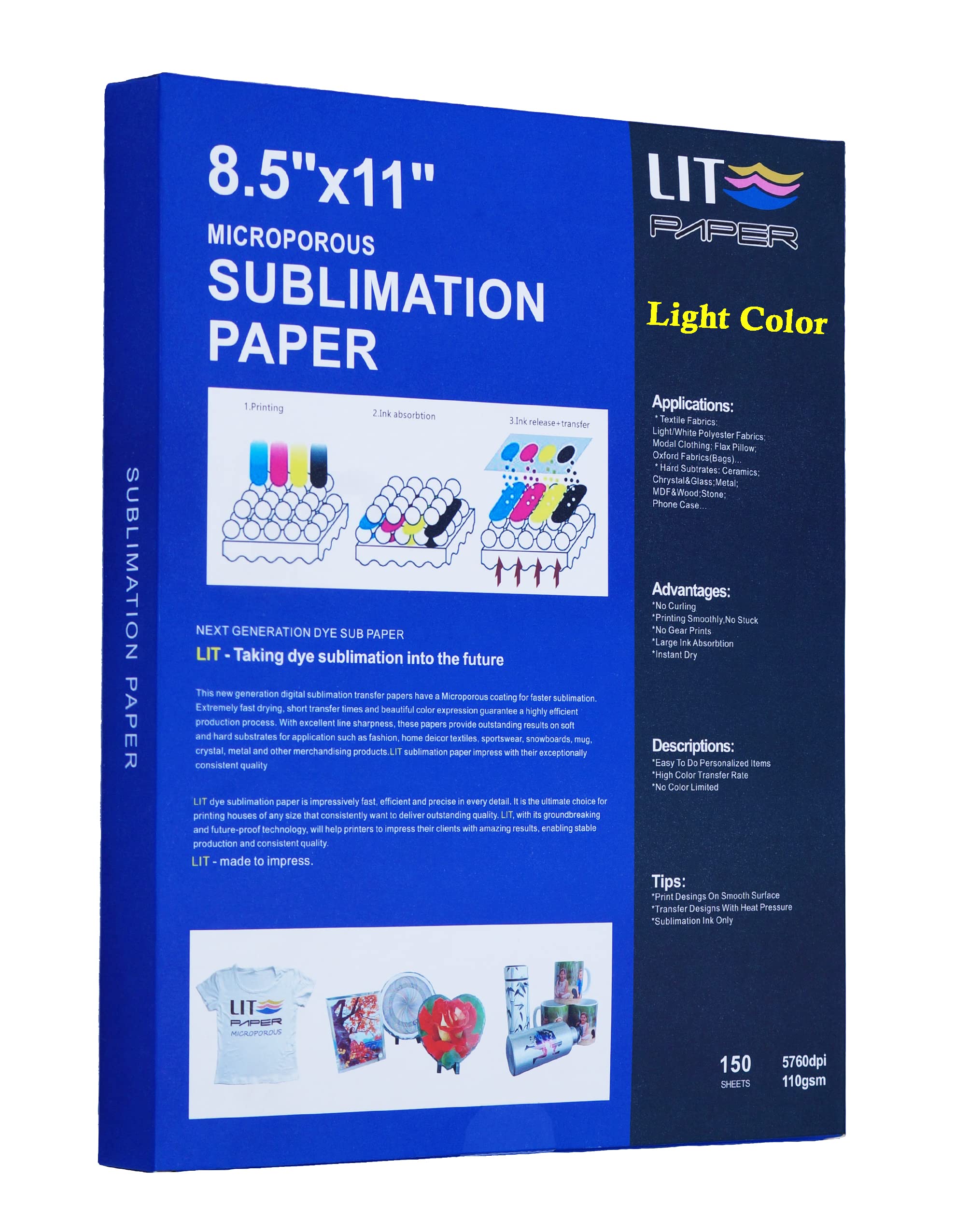 LIT Sublimation Paper 8.5x11 Inch, 150 Sheets 110gsm Heat Press Transfer Paper - For Epson Sawgrass Ricoh HP Inkjet Sublimation Printers With Sublimation Ink For Blank Sheets Mugs Tumblers T-shirts