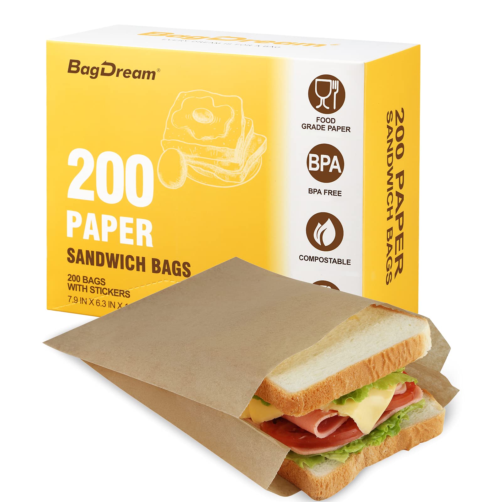 BagDream Paper Sandwich Bags 7.9x6.3x1.96" 200ct Recyclable Kitchens Paper Sack Sandwich Bags, Sealable with Thank You Stickers, Unbleached Natural Kraft Paper Bags