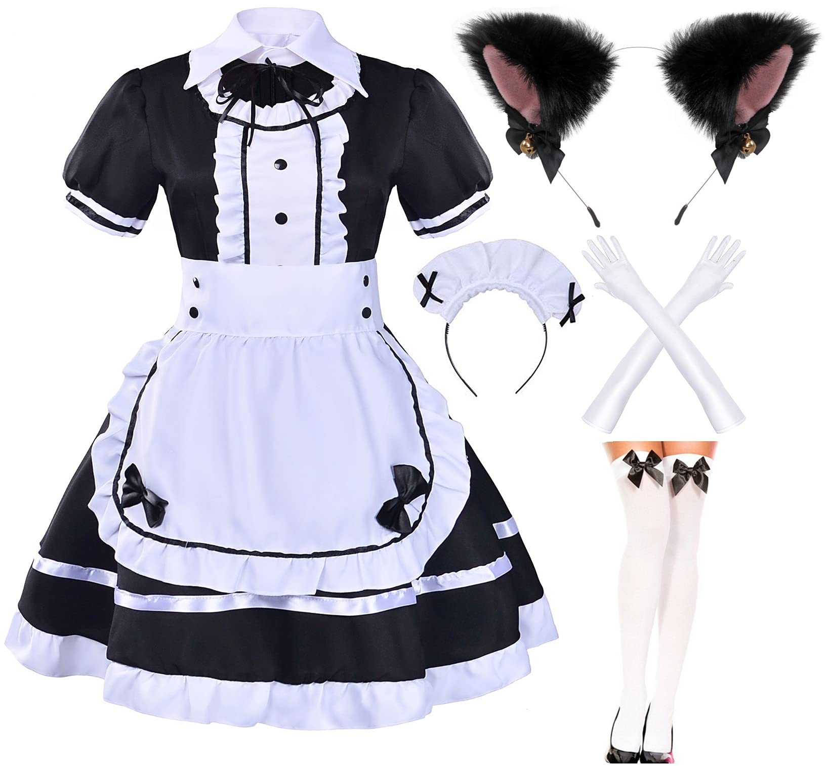 Japanese Anime Sissy Maid Dress Cosplay Sweet Classic Fancy Apron Socks Gloves Faux Fur Cat Furry Headwear Set(L)