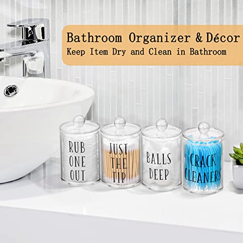 4 Pack Fun Qtip Holder Apothecary Jars with Lids,10 oz Clear Bathroom Organizer Storage for Cotton Swab, Cotton Ball, Floss and Cotton Round Pads, Cotton Ball Holder Bathroom Decor Bathroom Containers