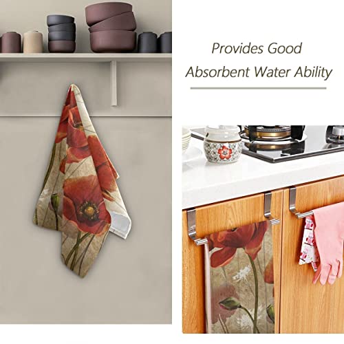 Red Poppy Flower Hand Towels Rustic Brown Wooden Cotton Set of 2 Multi-Purpose Kitchen Towel for Face Beach Bathroom Gym 14.4 x 28.3 Inch