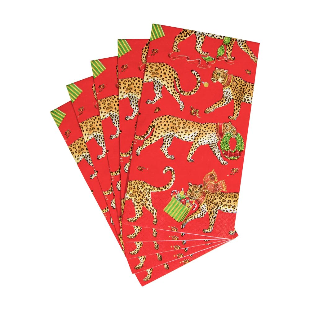 Caspari Christmas Leopards Paper Guest Towel Napkins in Red - Two Packs of 15