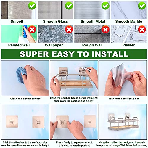 HOBYLIFE Self Adhesive Shower Shelves with Hooks, Wall Mounted Bamboo Shower Caddy, No Drilling Rustproof Bathroom Shower Organizer, 2 Pack- Silver