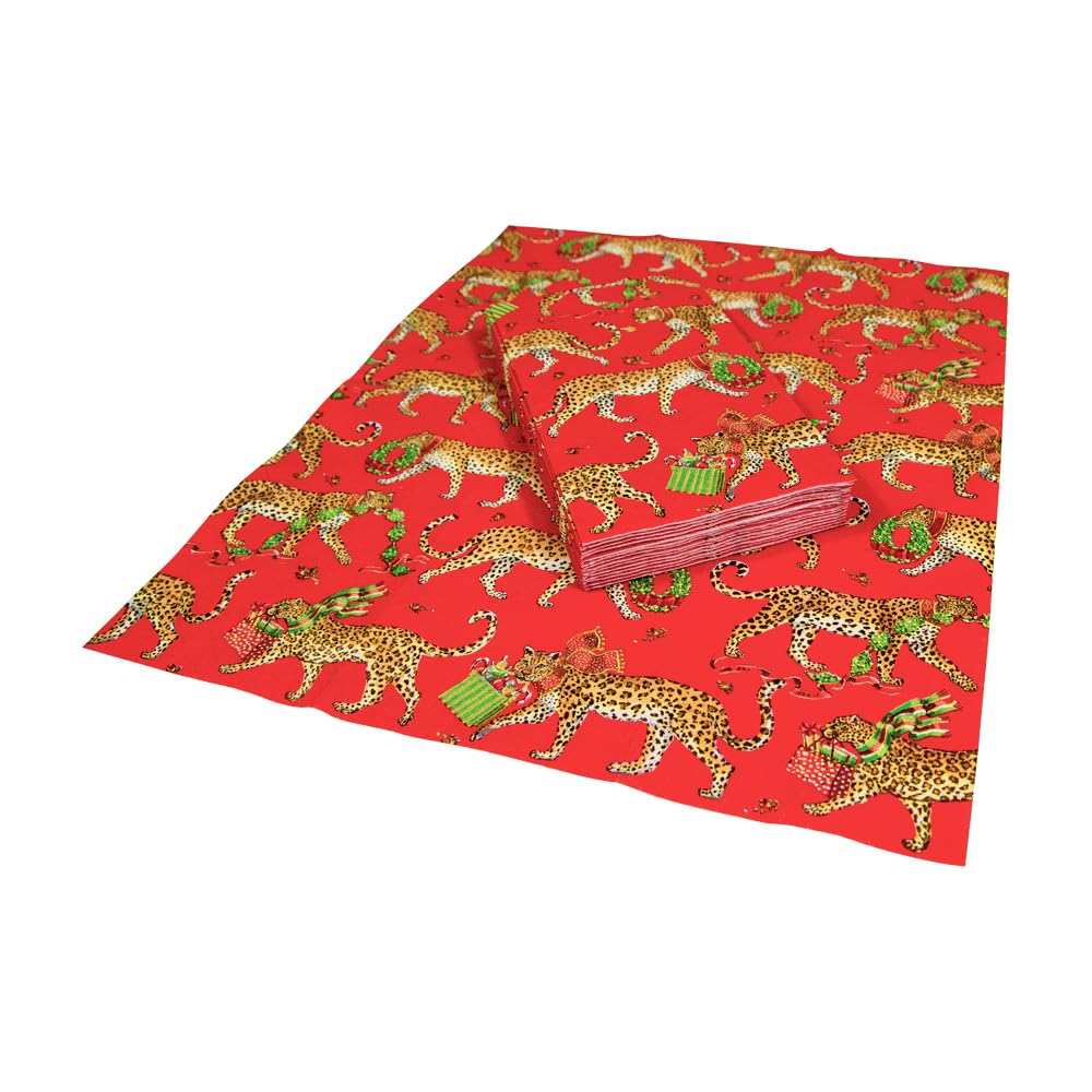 Caspari Christmas Leopards Paper Guest Towel Napkins in Red - Two Packs of 15